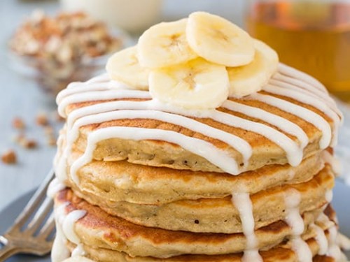 Banana Bread Pancakes with Cream Cheese Glaze