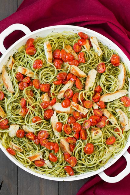 Pesto Spaghetti with Roasted Tomatoes and Grilled Chicken - Cooking Classy