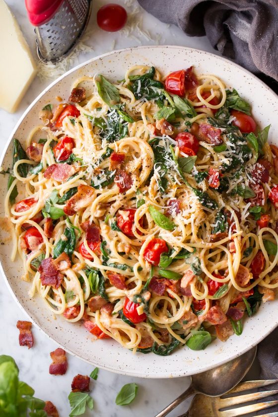 Bacon Tomato and Spinach Spaghetti - Cooking Classy