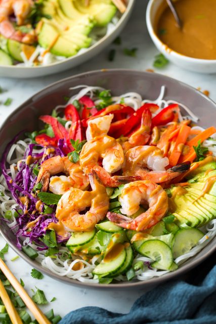 Rainbow Spring Roll Bowls with Shrimp or Chicken and Peanut Sauce ...