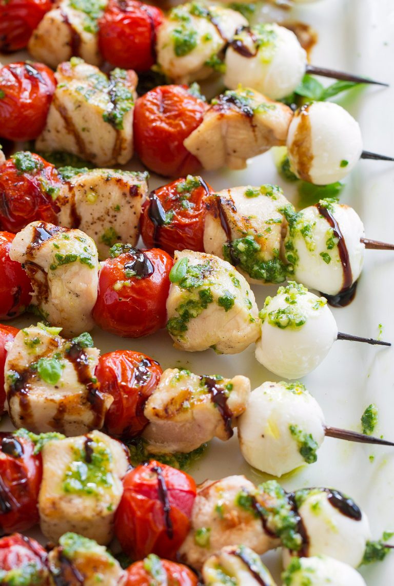 Chicken Caprese Skewers (with Homemade Pesto!) - Cooking Classy